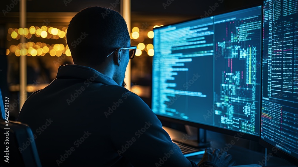 side of hacker scam working on monitor screen full of datacode computer ...