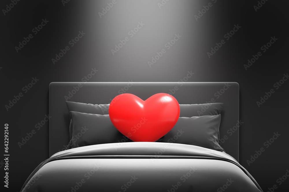 Red heart on black bed in dark bedroom Spotlights shine down on the bed ...