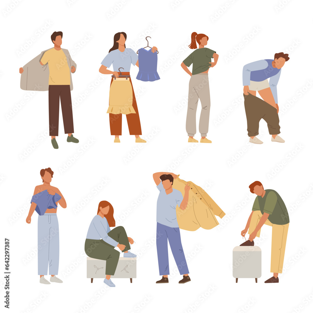people changing clothes. cartoon male and female characters fitting ...