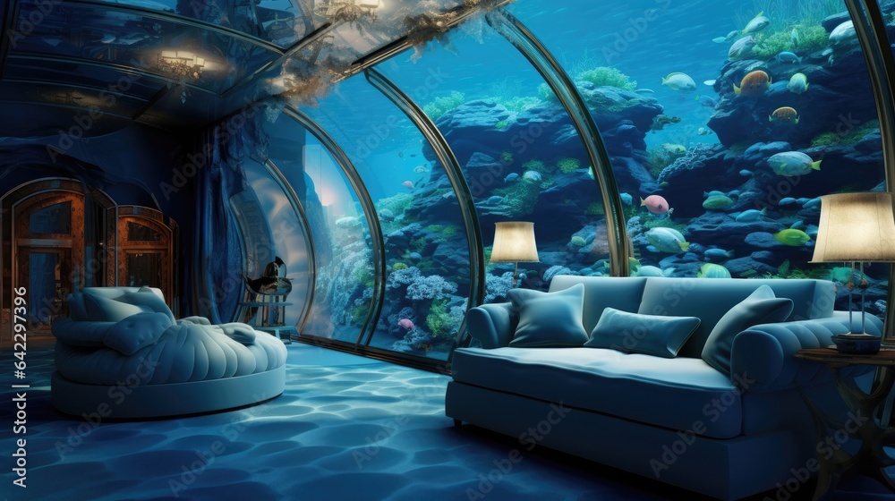 Residential house in the depths of the sea, among the coral reef, with ...