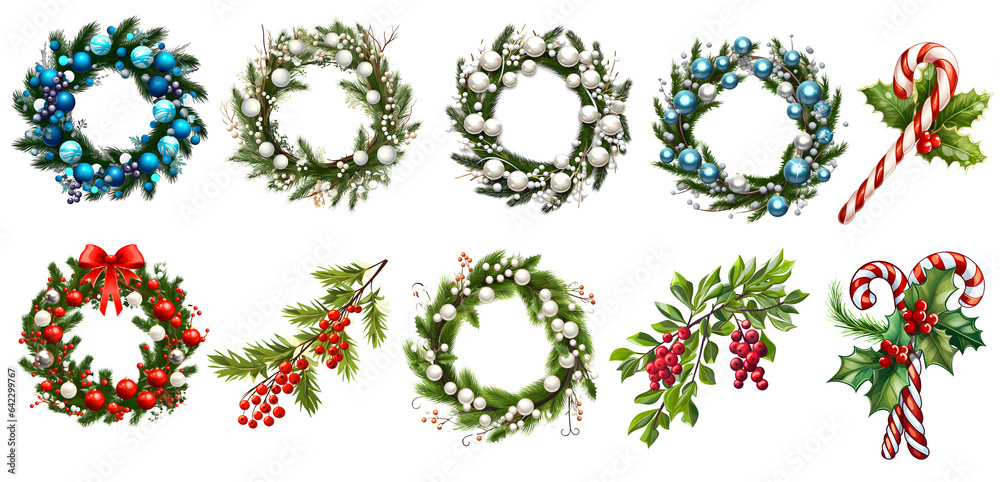 Sticker, Clipart set of Christmas wreath and mistletoe on transparent ...