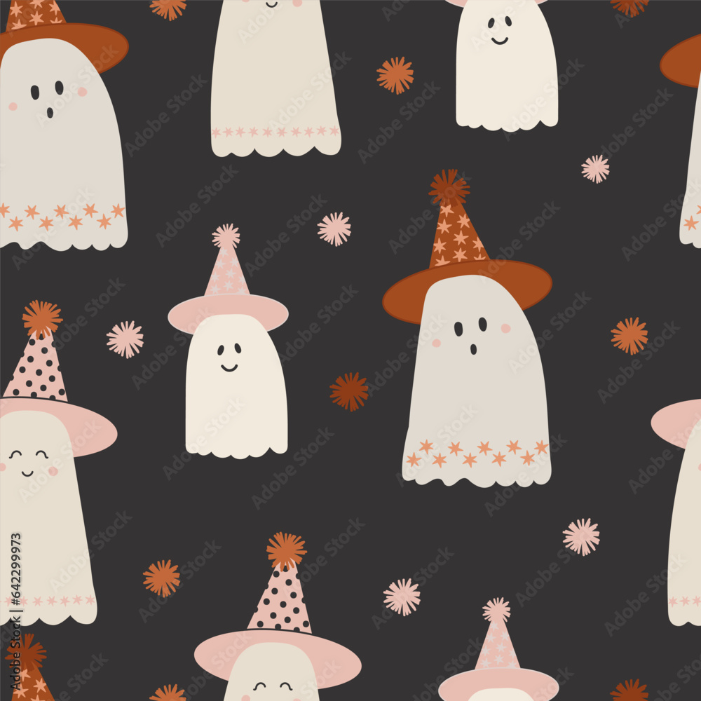 Halloween seamless pattern, spooky digital paper with cute ghost characters for baby and nursery ...