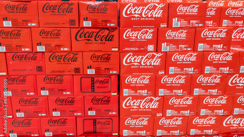 Coca Cola sign brand and text logo can and bottle boxes soda drink ...