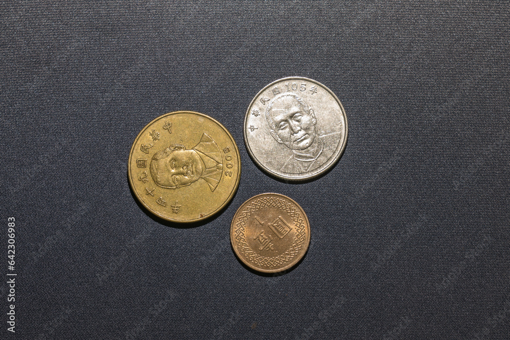The coins of New Taiwan Dollar, 1 Yuan, 10 Yuan and 50 Yuan for coins ...