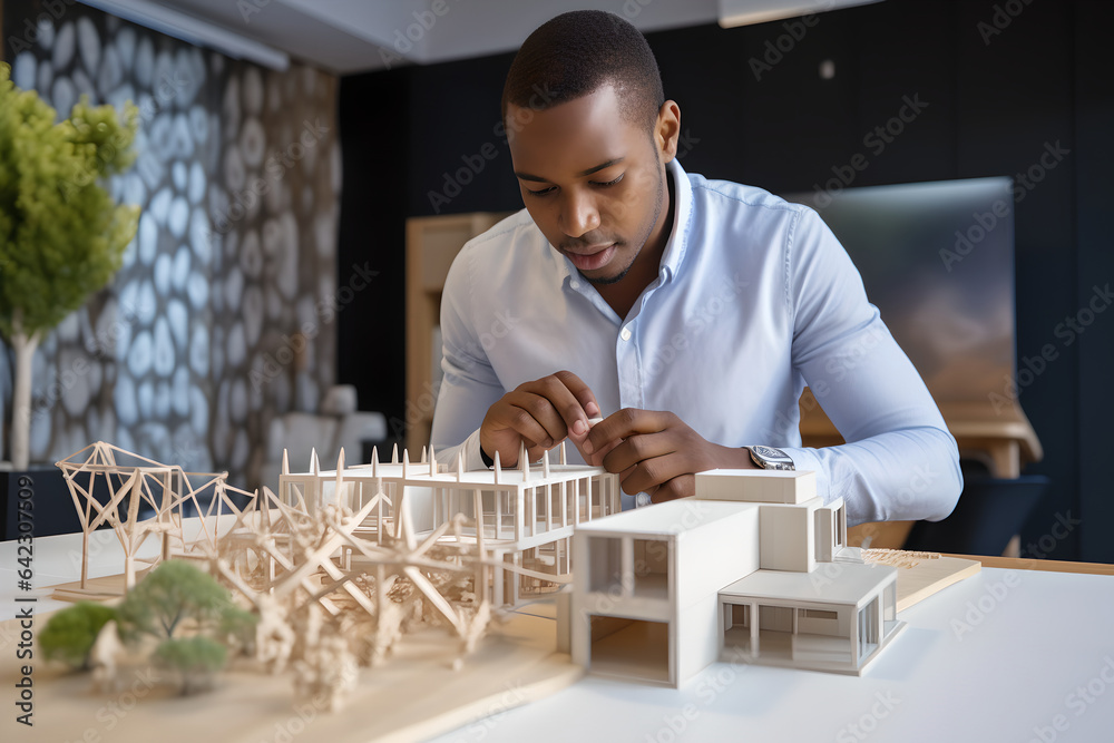 Fotka „Professional male architect looking at a 3D printed model of a ...