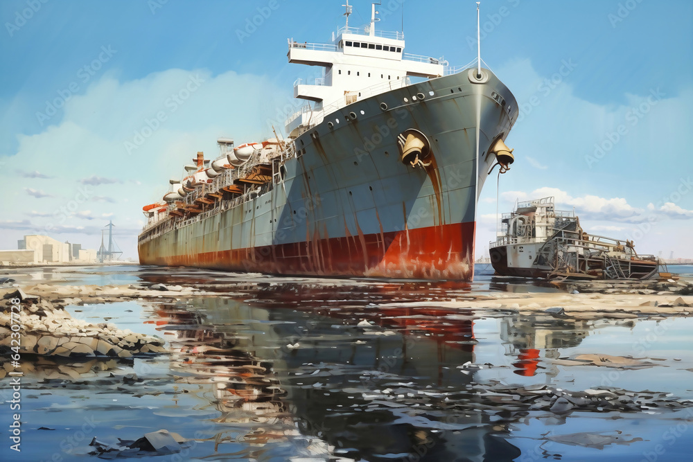 Abandoned cargo ship awaiting repair in the port. The ship is waiting ...
