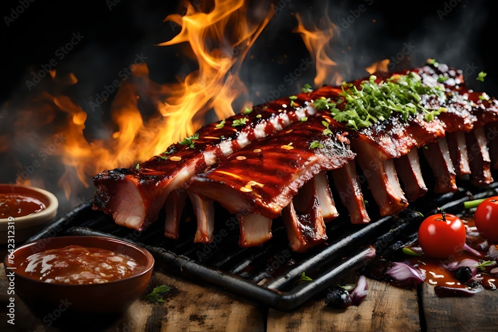 The BBQ ribs are covered by spicy leaves. Creative resource, AI ...