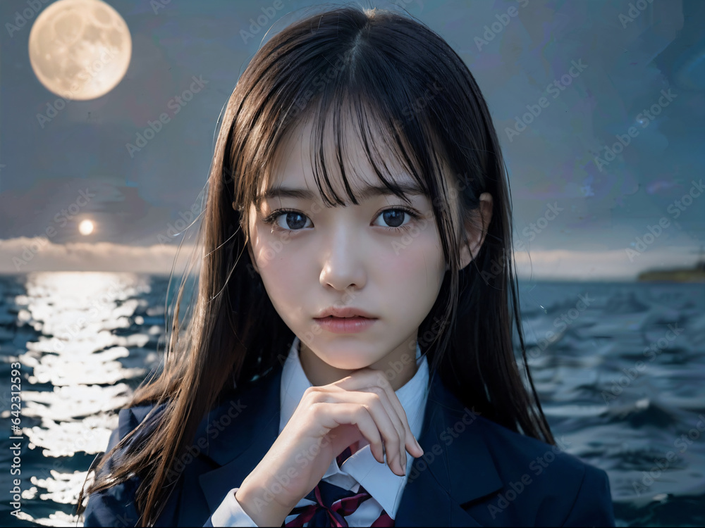 満月の海と制服を着てこちらを見つめる若い女性 Stock Photo | Adobe Stock