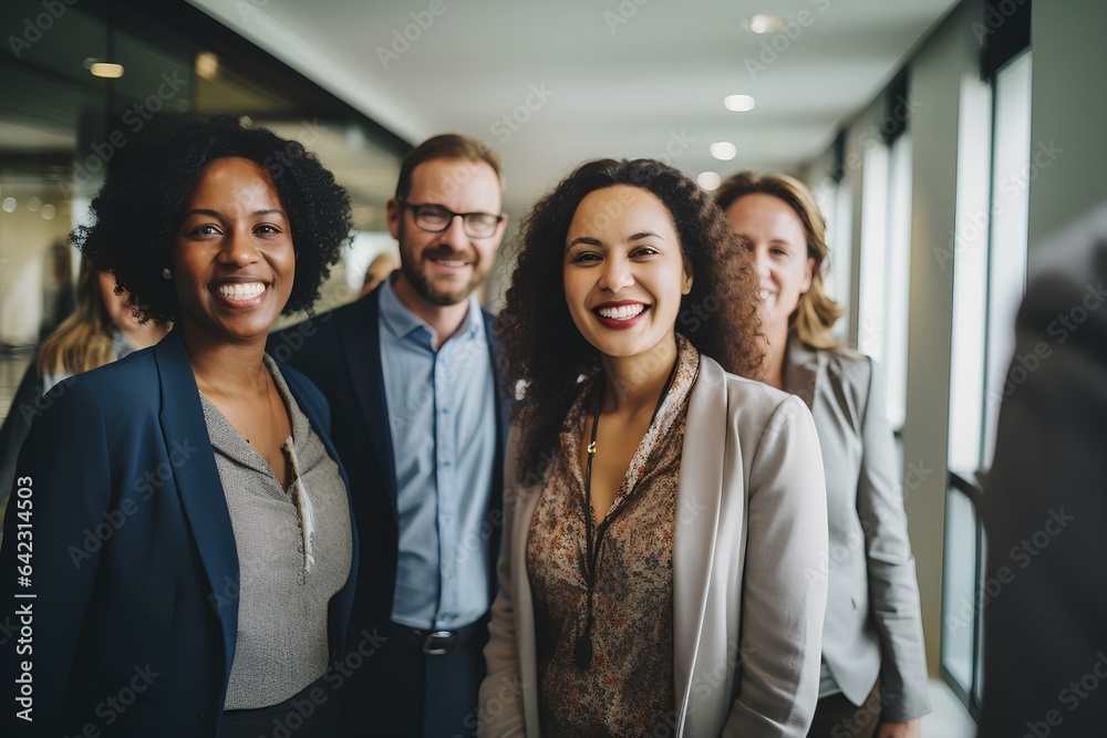 Happy diverse colleagues standing in office hallway, talking ...