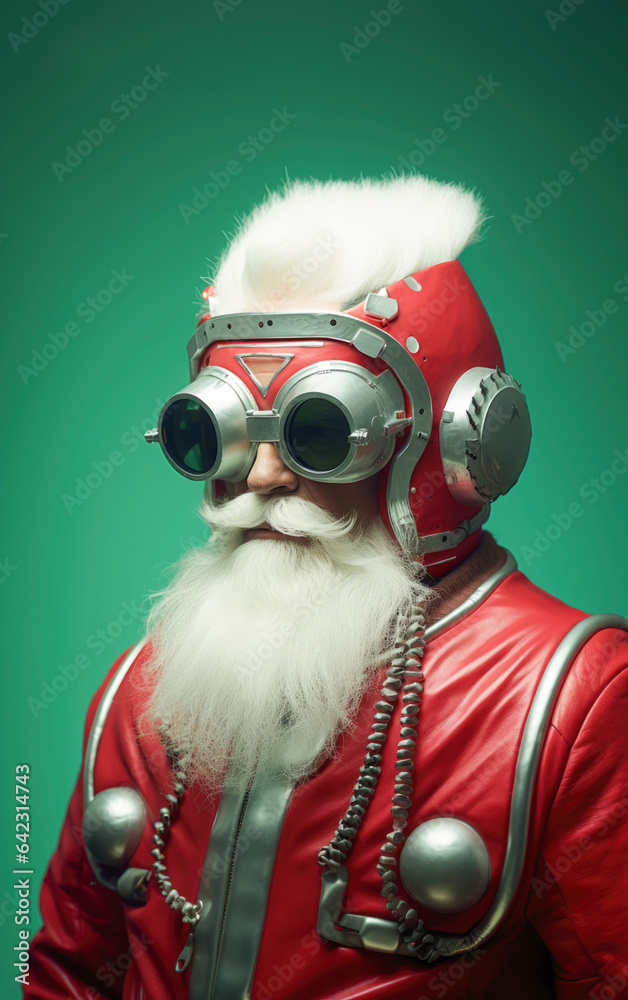 Santa Clause in red space suit and pilot eyewear. Retro futuristic ...