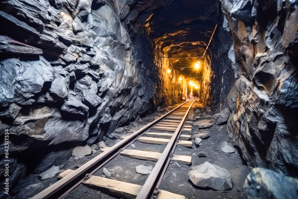 Underground mine, mining, rail track trolleys laid through tunnel Stock ...