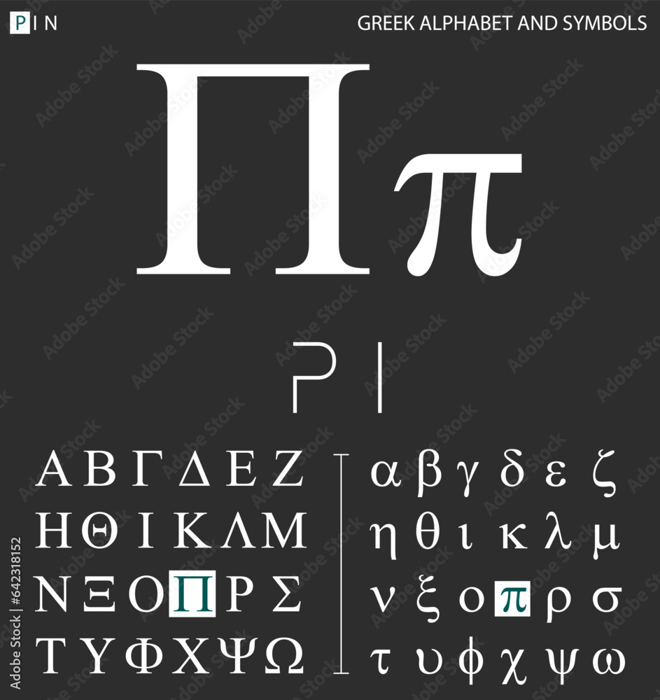 Greek alphabet and symbols, pi letter with pronunciation Stock Vector ...