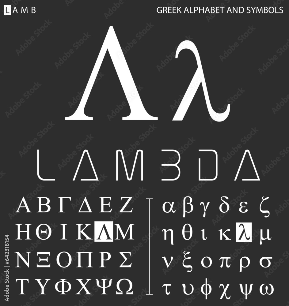 Greek alphabet and symbols, lambda letter with pronunciation. Stock ...