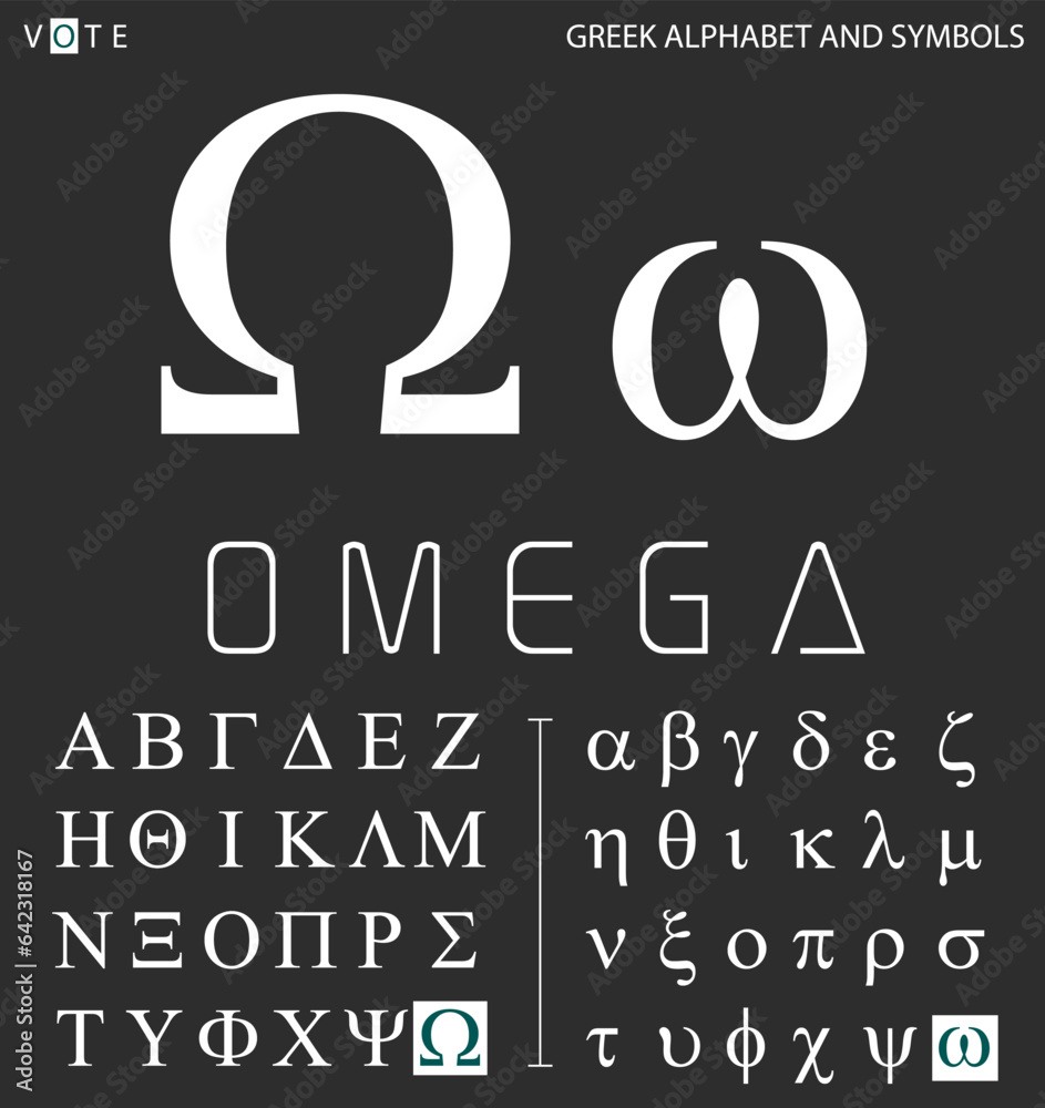 Greek alphabet and symbols, omega letter with pronunciation Stock ...