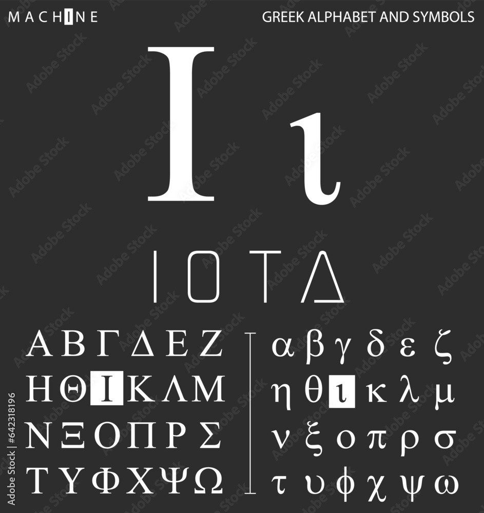 Greek alphabet and symbols, iota letter with pronunciation. Stock ...