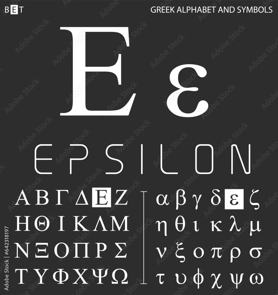 Greek alphabet and symbols, epsilon letter with pronunciation. Stock ...