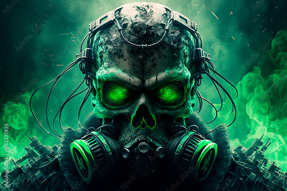 Doomsday. Last day on earth. Nuclear explosion. A skull wearing a gas ...