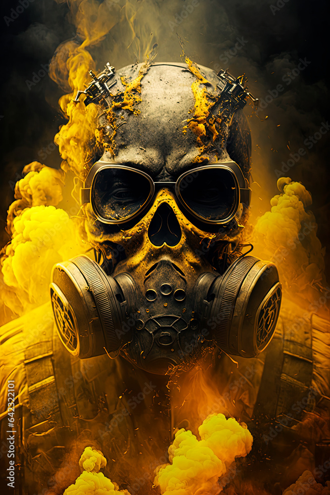 Doomsday. Last day on earth. Nuclear explosion. A skull wearing a gas ...