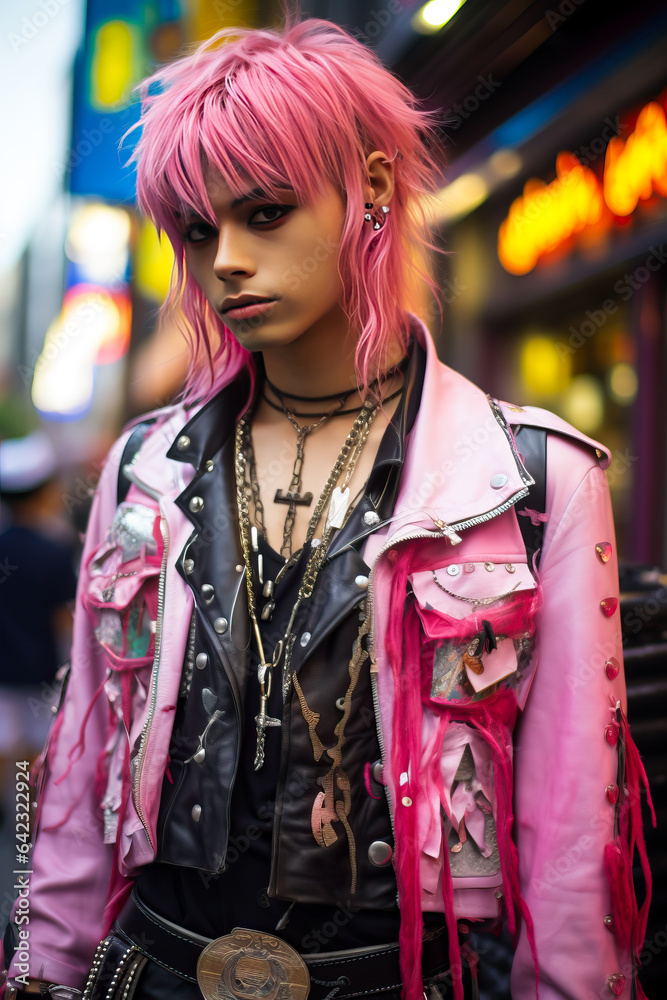 Boy or man dressed as anime character or Harajuku, pose at a cosplay ...
