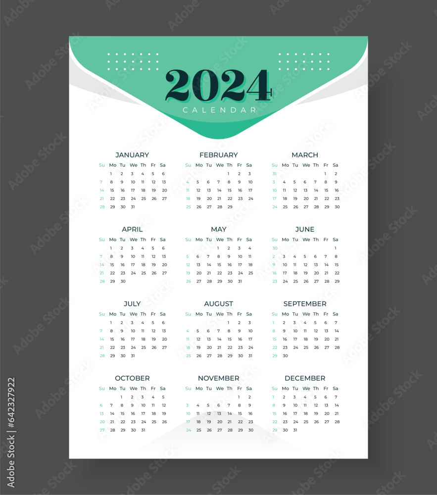 2024 wall calendar template one page design, Week start Sunday, Simple ...