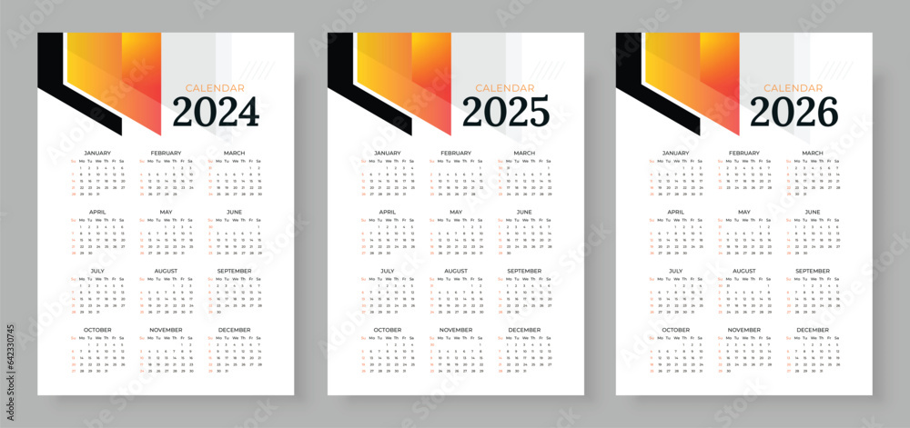 2024, 2025 and 2026 calendar set, Week start Sunday, Simple vertical ...