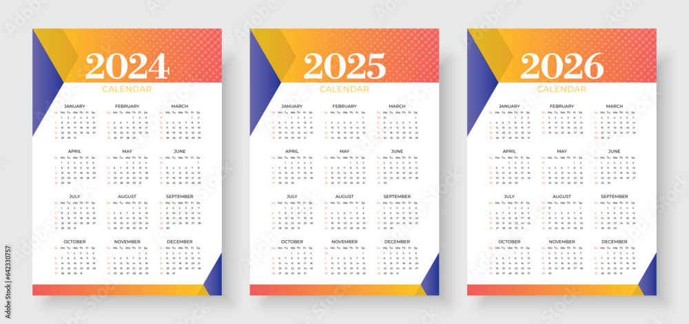 2024, 2025 and 2026 calendar set, Week start Sunday, Simple vertical ...