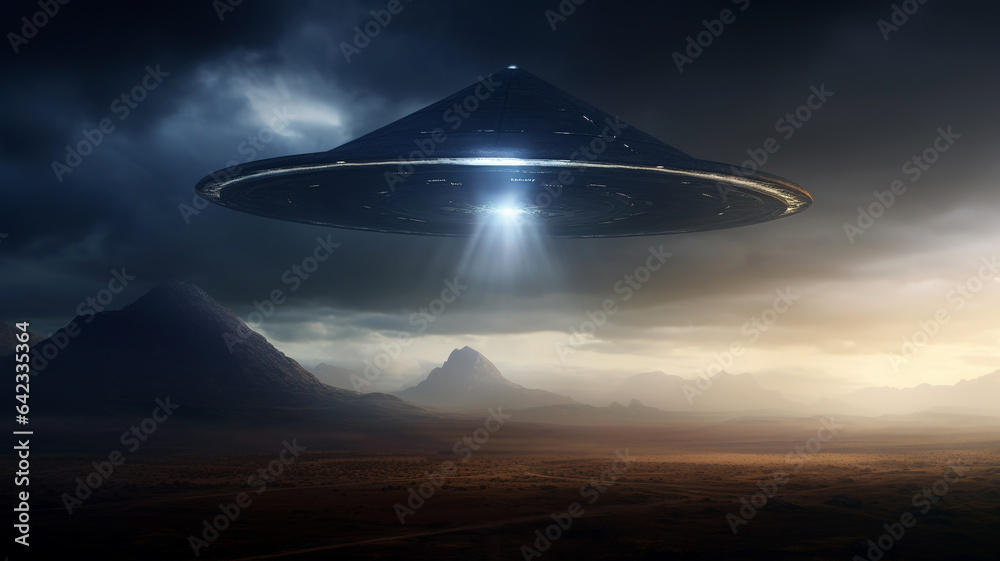 UFO flying in the night sky. Desert land and UFOs. 3D rendering ...
