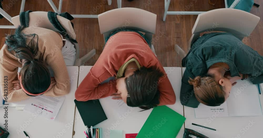 Fatigue, sleeping and top view of students in classroom, high school ...
