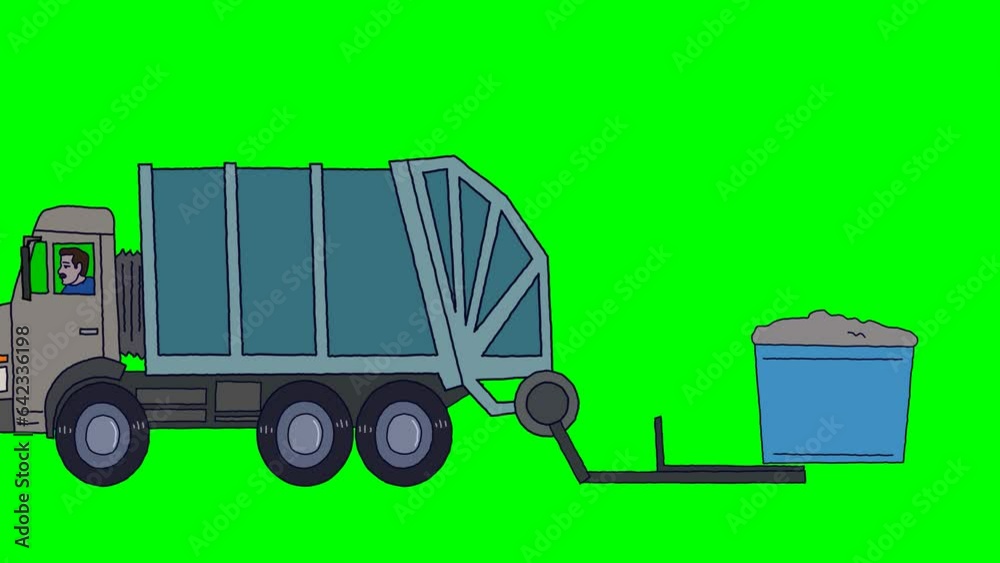 Garbage truck picks up trash from a trash can, 2D green screen ...