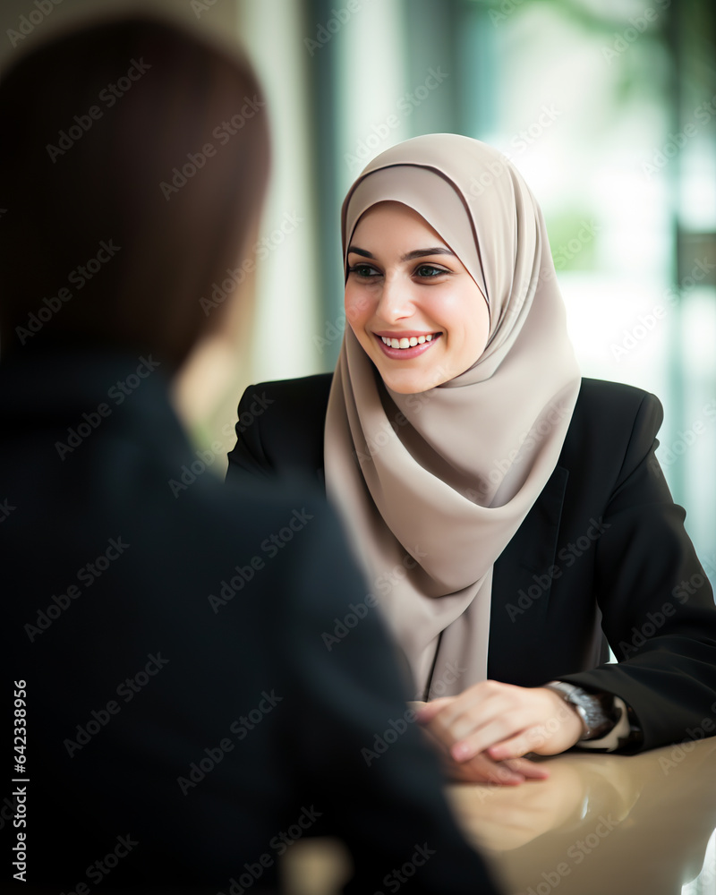 Muslim woman wearing a hijab at a job interview at an office, sitting ...