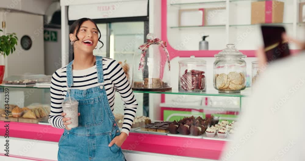Milkshake, smile and photograph of a woman in a bakery for a social ...