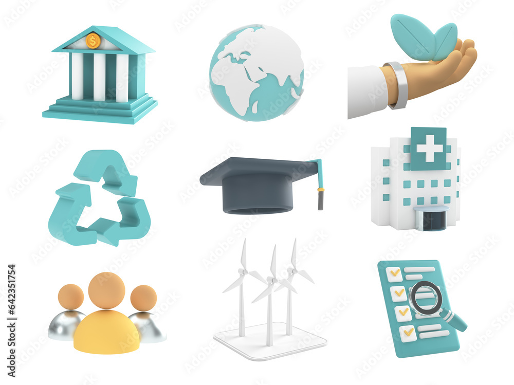 .Set of 3d ESG icons. Environmental social governance . Concept of ...