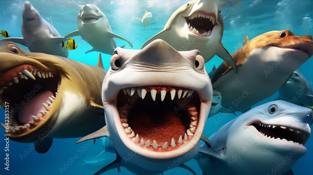 wefie various sea animal with smile and happy face, fishes, crocodile ...