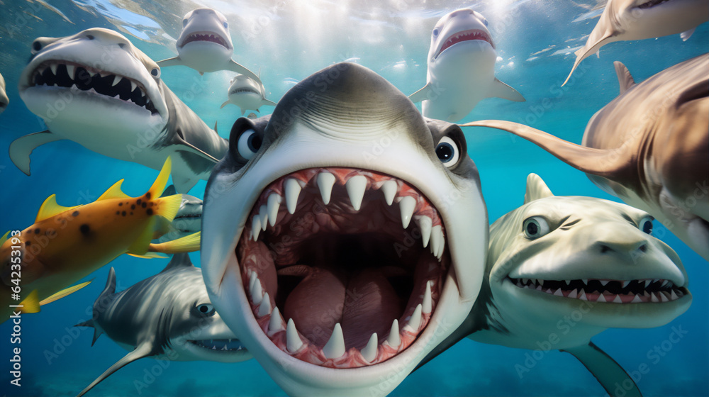 wefie various sea animal with smile and happy face, fishes, crocodile ...