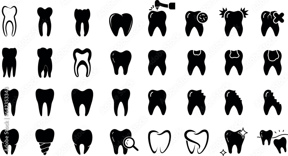 Human Teeth, Tooth Doodle, Teeth Care Silhouettes Set Stock Vector ...
