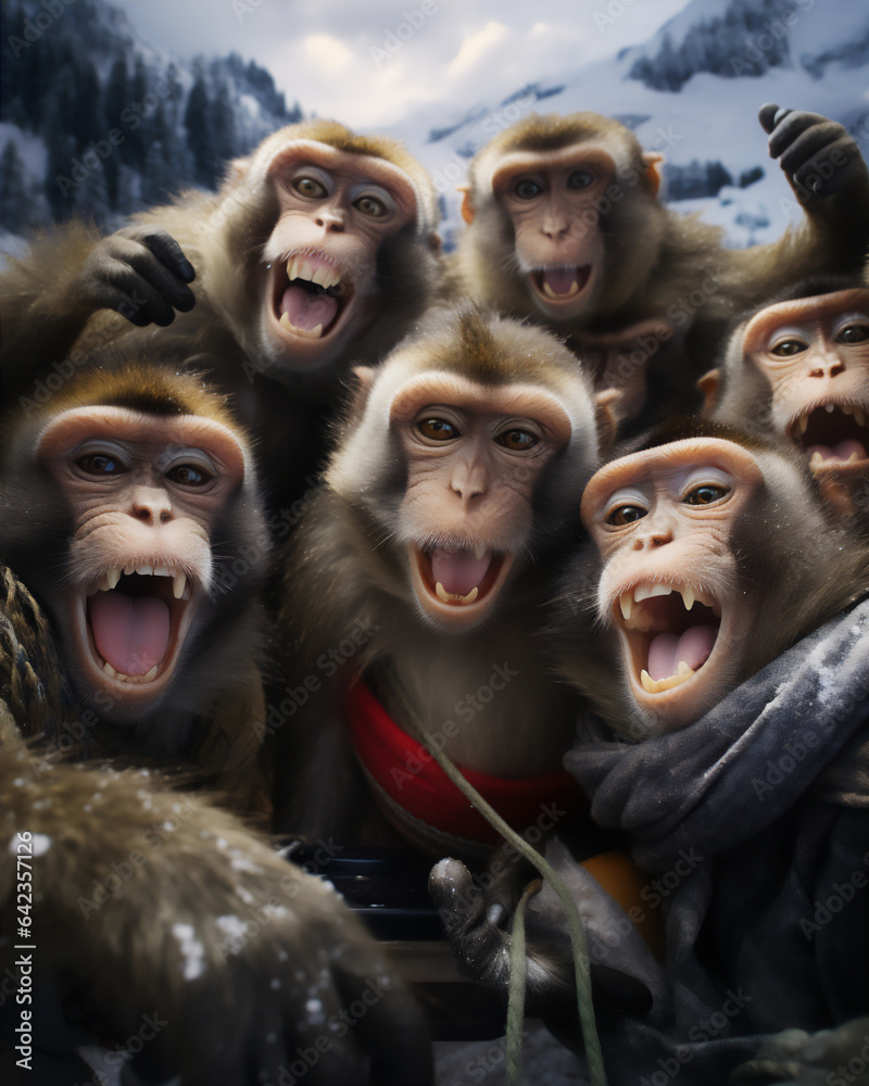 wefie a group of wild monkeys with smile and happy face, crowded, hyper ...