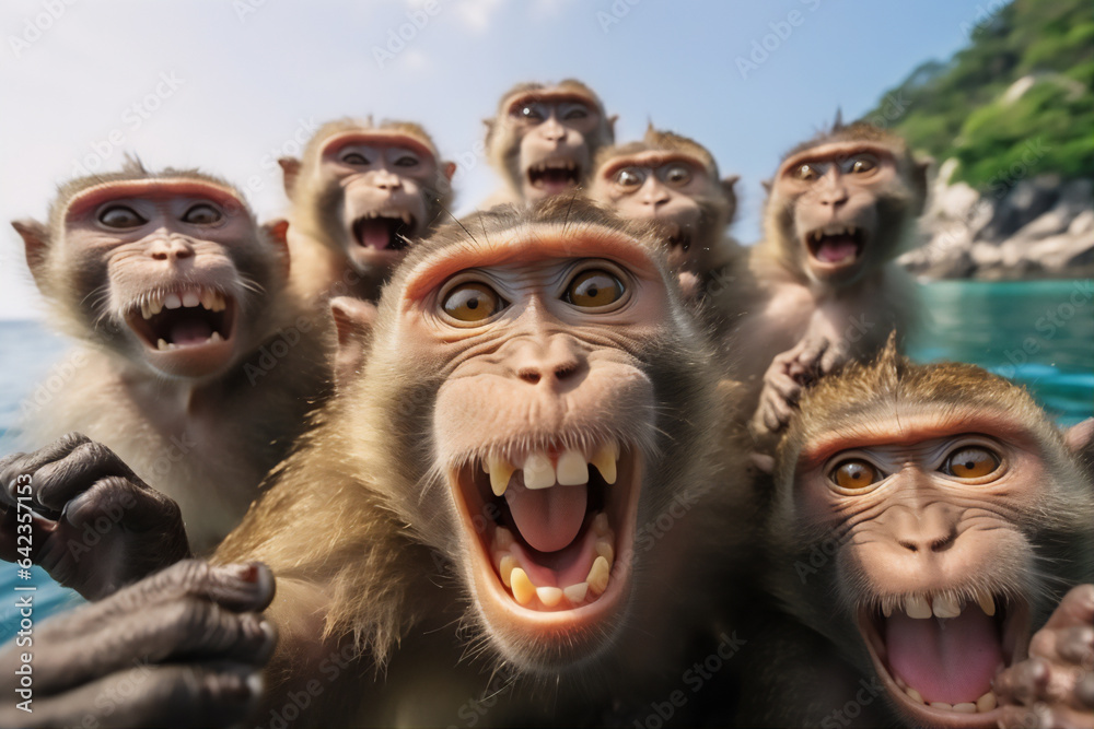 wefie a group of wild monkeys with smile and happy face, crowded, hyper realistic, beautiful ...