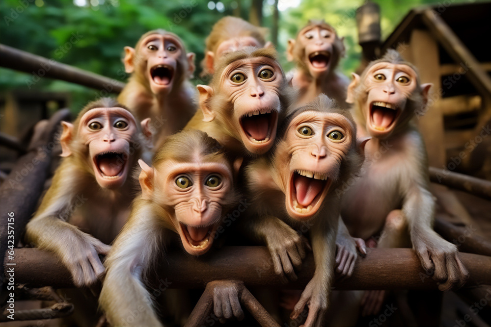 wefie a group of wild monkeys with smile and happy face, crowded, hyper ...