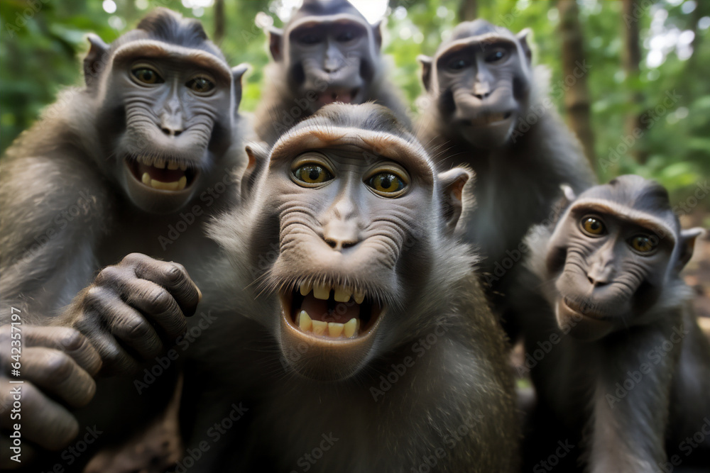 wefie a group of wild monkeys with smile and happy face, crowded, hyper ...