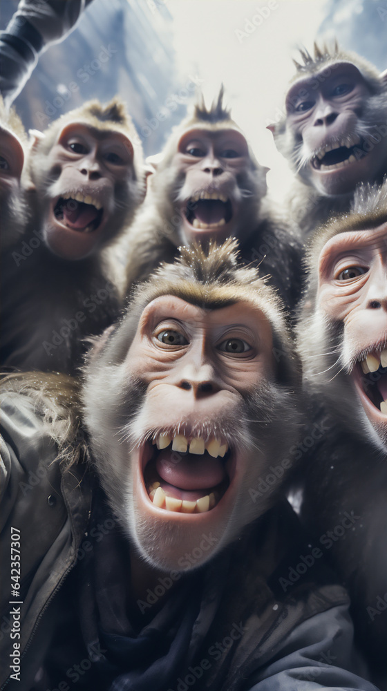 wefie a group of wild monkeys with smile and happy face, crowded, hyper ...