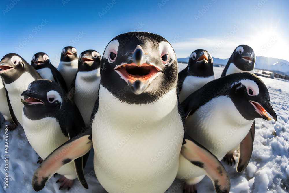 wefie a group of wild penguins with smile and happy face, crowded ...