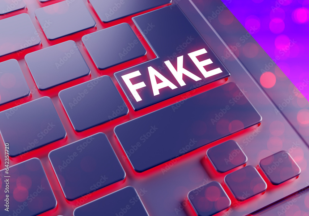 Fake logo on keyboard. Internet fraud concept. Fake news online ...