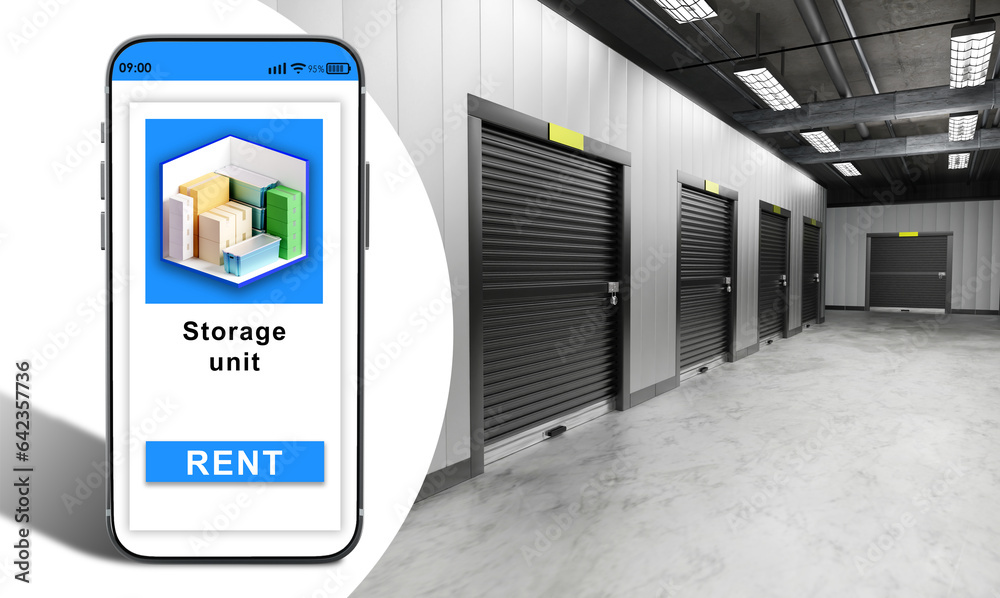 Storage unit rent. Phone with warehouse application. Smartphone near ...