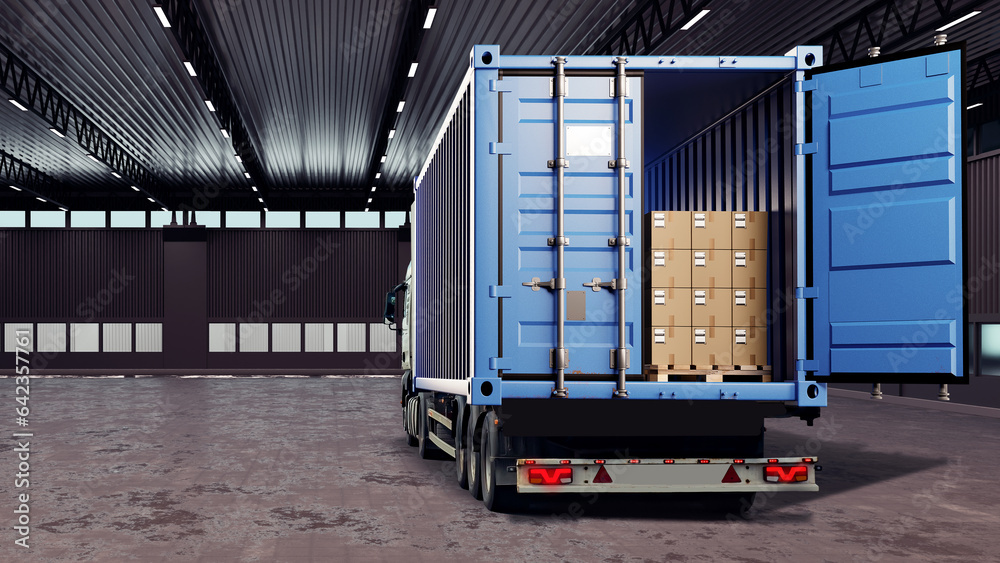 Truck in hangar. Lorry with containers in back. Freight transport ...