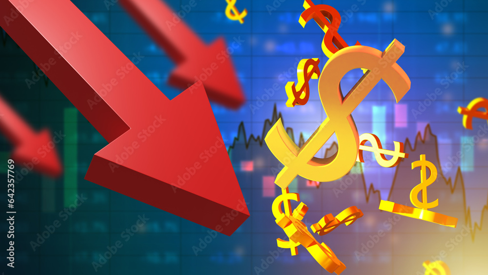 Falling income. Red arrows down. Dollar symbols next to charts. Falling ...