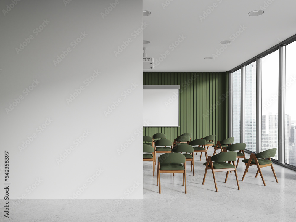 Stylish training room interior with seats in row, board screen and mock ...