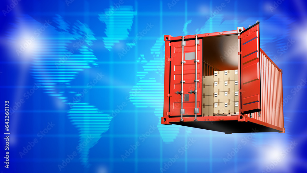 Sea container with boxes. World map with shipping containers. Cargo ...