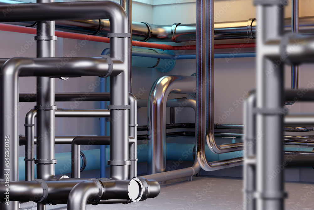 Pipes room. Factory basement. Chemical enterprise. Tangled steel ...