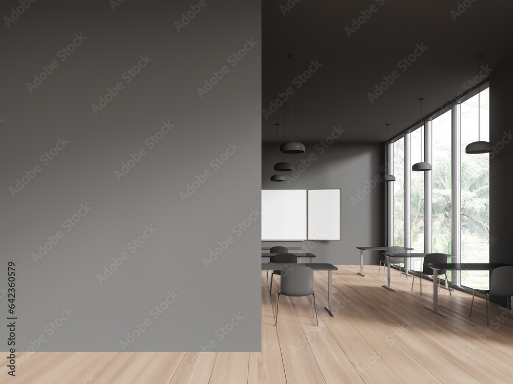 Grey classroom interior with furniture and chalkboard, window and ...