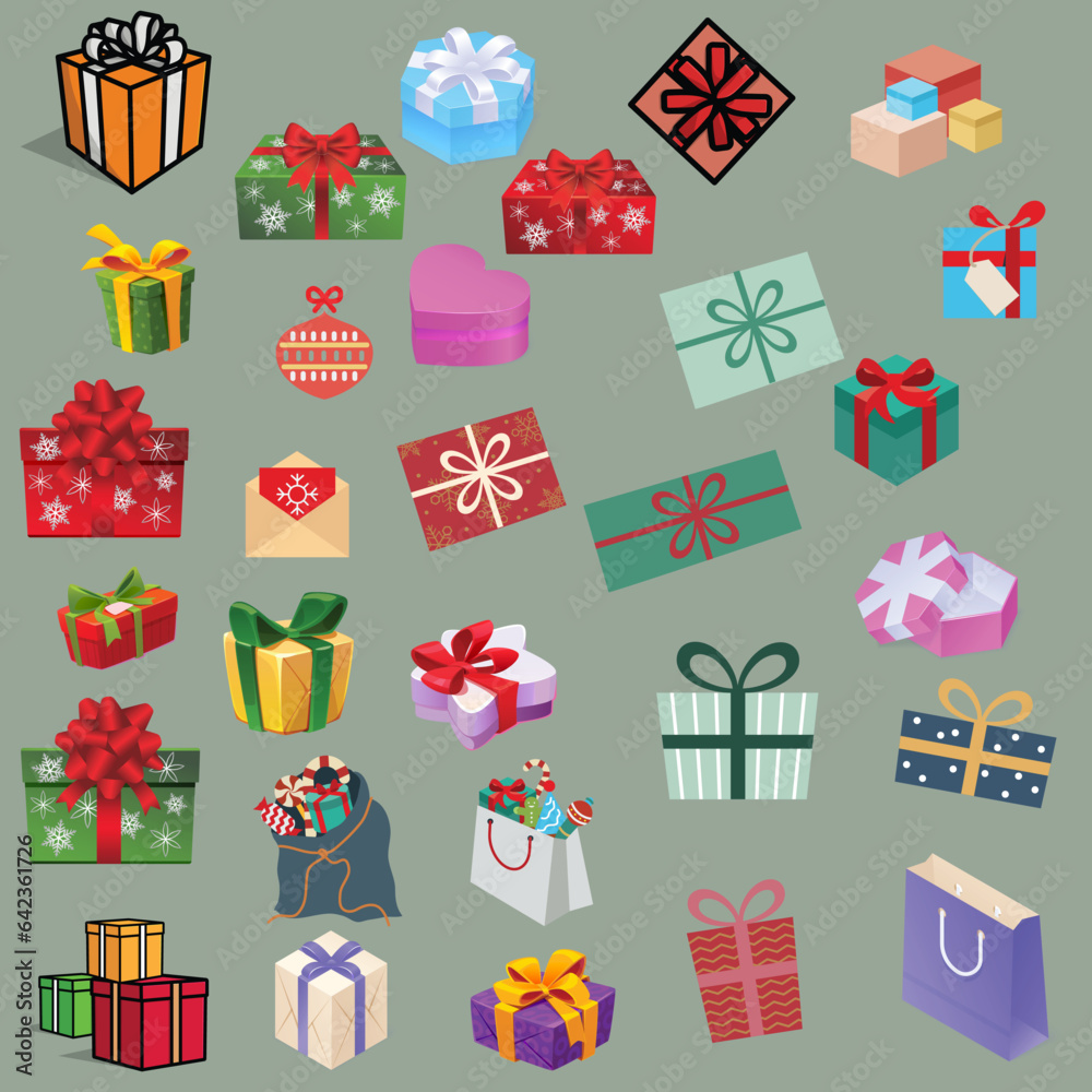 Gift box icons in different designs and colors for Christmas. Merry ...